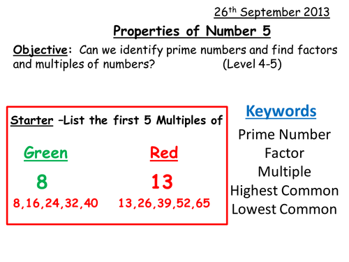 Factors, Multiples and Primes HCF LCM Level 5 | Teaching Resources
