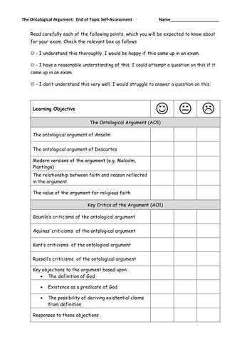 The Ontological Argument - Student Self Assessment | Teaching Resources