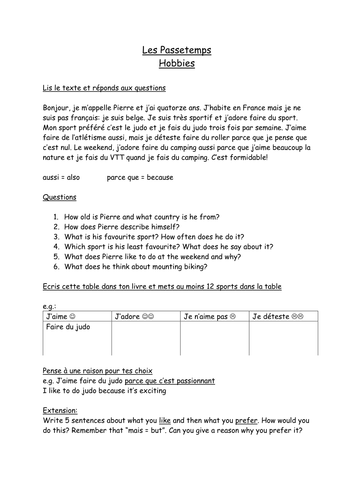Les passetemps/hobbies | Teaching Resources