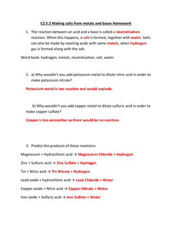 Making salt from metals or bases AQA C2.5.2 | Teaching Resources