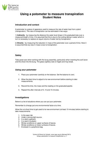 Using potometers to measure transpiration | Teaching Resources