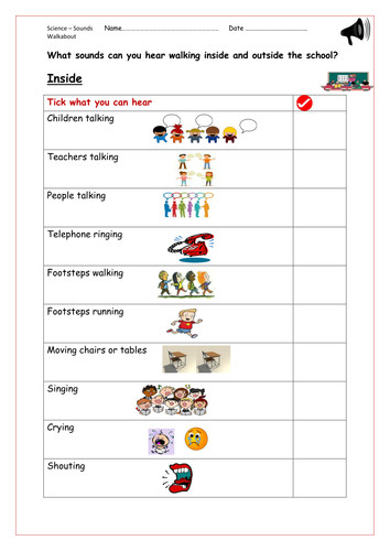 Listen for Sounds around the school trek - Tick Sheet with and without ...