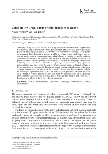 Collaborative virtual gaming worlds in higher ed | Teaching Resources