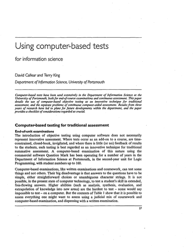 Using Computer Based Tests For Information Science Teaching Resources