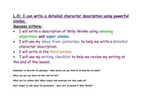 Willy Wonka Character Description | Teaching Resources