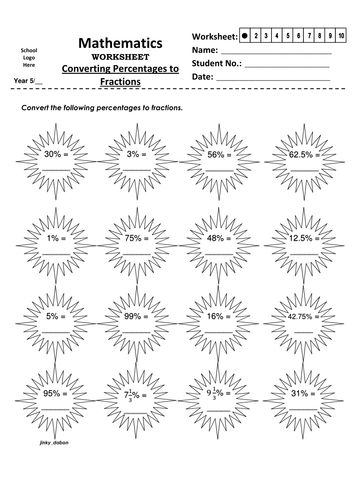 Year 5 - Percentages to Fractions (Worksheet) | Teaching Resources