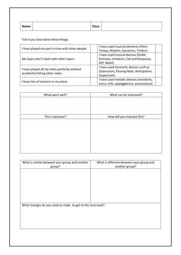 Music Evaluation Sheet | Teaching Resources