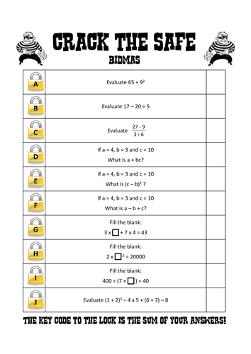 BIDMAS lock game by danwalker - Teaching Resources - Tes