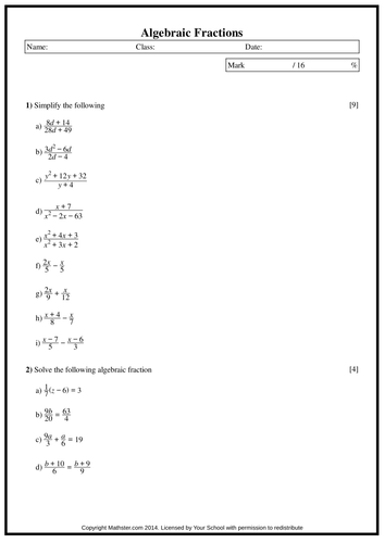 Algebraic Fractions | Teaching Resources
