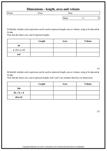 Dimensions - length, area and volume | Teaching Resources