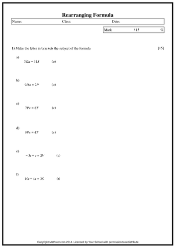 Rearranging Formula | Teaching Resources