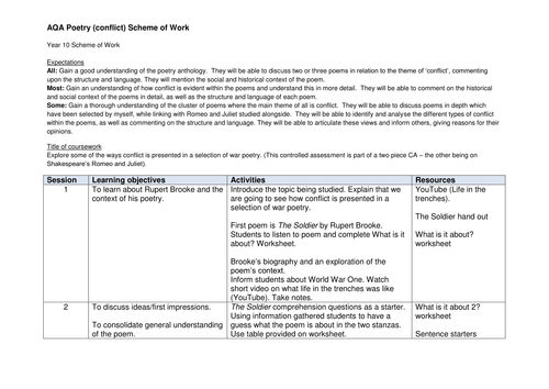 Scheme of Work for poetry (conflict) | Teaching Resources
