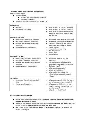 Science right, religion wrong: Writing Frame | Teaching Resources