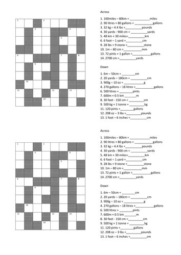 Units Conversion Crossnumber | Teaching Resources