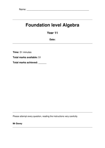 Foundation level algebra test | Teaching Resources