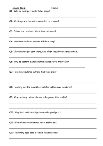 SNAKE INFORMATION. READING RETRIEVAL. | Teaching Resources