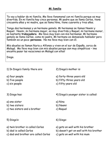 Mi familia reading and revision | Teaching Resources