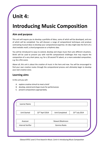 BTEC Unit 4: Introducing Music Composition | Teaching Resources