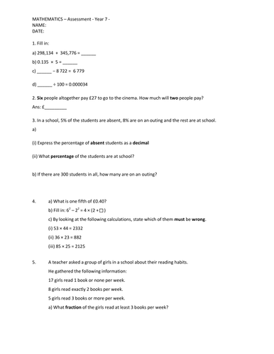 Year 7 Maths Placement Entrancetest Teaching Resources