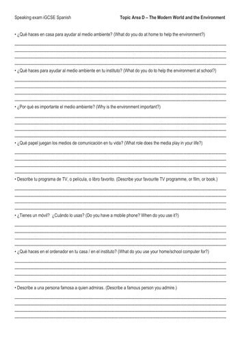 Edexcel iGCSE Speaking practice topic D | Teaching Resources