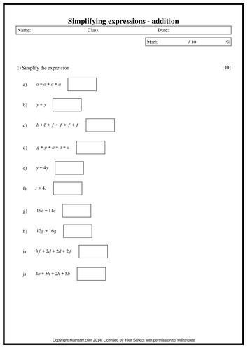 Simplifying Expressions - addition | Teaching Resources