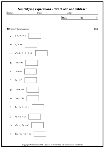 Simplifying Expressions - add and subtract | Teaching Resources
