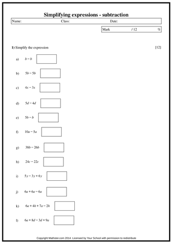 Simplifying Expressions - subtraction | Teaching Resources