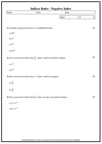 Indices - negative indices | Teaching Resources