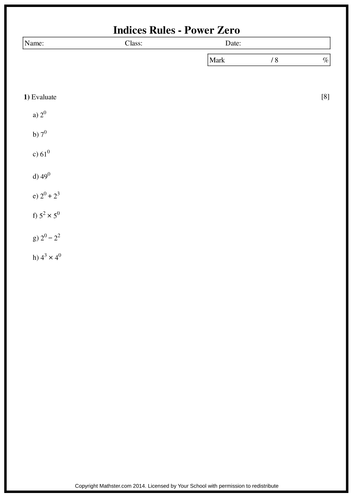 Indices - power zero | Teaching Resources