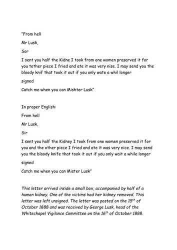 Jack the Ripper - Letter analysis | Teaching Resources