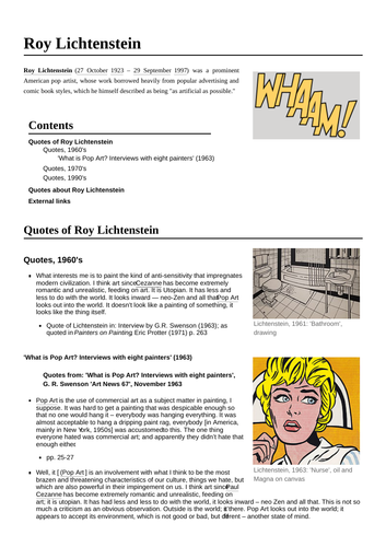 Roy Lichtenstein Pop Art Worksheet with Literacy task. by RND86 ...