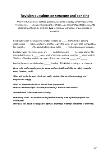 Revision questions for structure and bonding | Teaching Resources