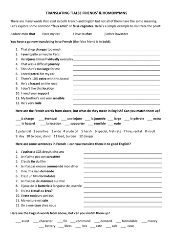 Translating false cognates & homonymns in French | Teaching Resources