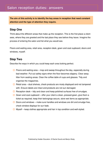 Fulfil salon reception duties sample lesson | Teaching Resources