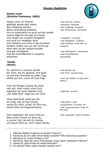 Handy-Gedichte (mobile phone poems) | Teaching Resources