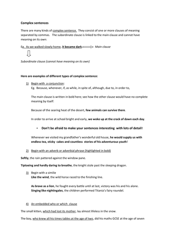 complex sentence examples | Teaching Resources