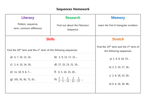 Sequences Homework | Teaching Resources Sequences Homework | Teaching Resources
