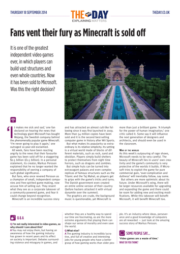 News articles for teaching: Minecraft sold | Teaching Resources