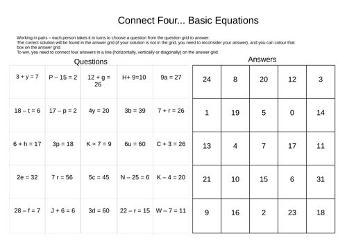 Simple Equations Connect Four | Teaching Resources