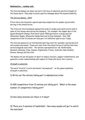 Invictus Games Reading Task | Teaching Resources