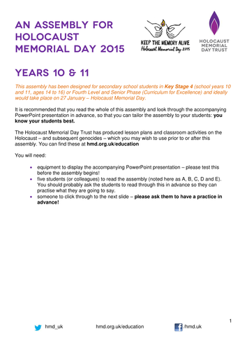 Assembly for KS4 for Holocaust Memorial Day 2015 | Teaching Resources