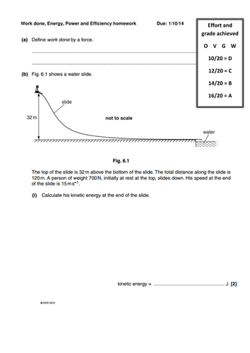 Work done, energy, power and efficiency exam qus | Teaching Resources
