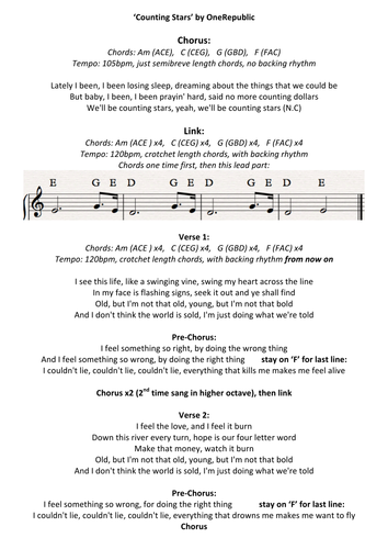 'Counting Stars' by OneRepublic Sheet Music | Teaching Resources