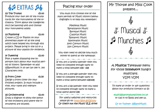 Music History Takeaway Homework | Teaching Resources