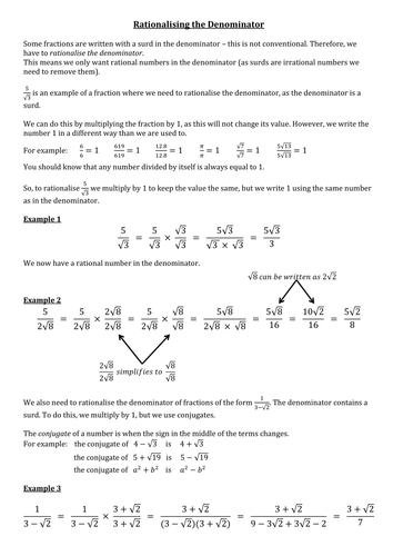 Rationalising denominators help sheet | Teaching Resources