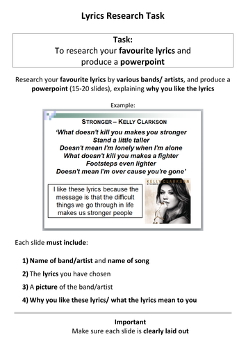 'Lyrics Research Project' Worksheet | Teaching Resources