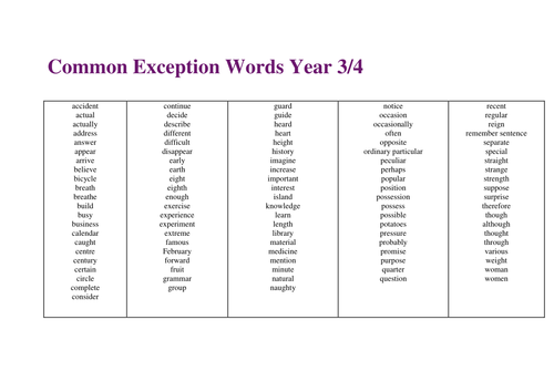 common exception word list year 3 and 4 by Eriberry81 - Teaching ... common exception word list year 3 and 4 by Eriberry81 - Teaching ...