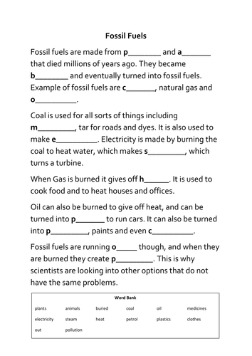 Fossil Fuels Wordsearch