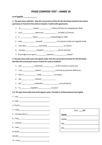 Test Past tense passe compose | Teaching Resources