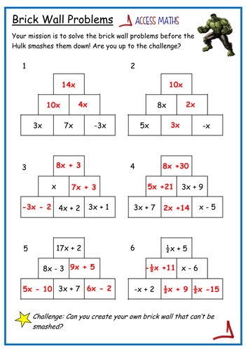 Algebra Brick Wall Problems Adding Like Terms | Teaching Resources